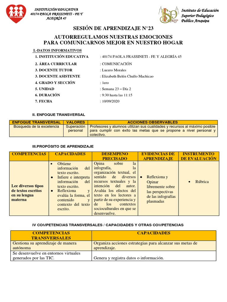 SESIÓN DE APRENDIZAJE Nº23 (1) | PDF | Maestros | Aprendizaje