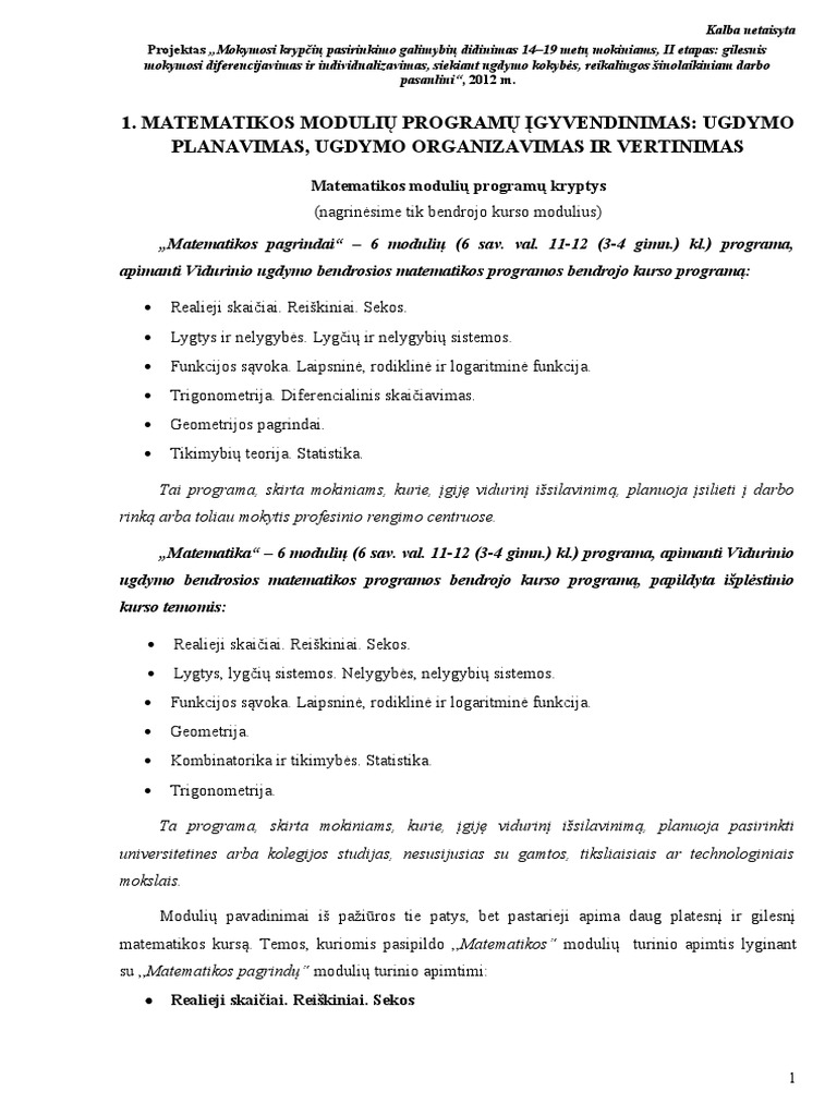 Matematikos Bendrojo Kurso Modulių Programų 11-12 KL Įgyvendinimas | PDF