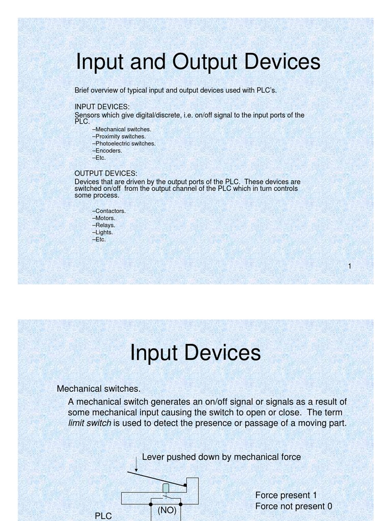 PLC Input and Output Devices | PDF | Switch | Programmable Logic Controller