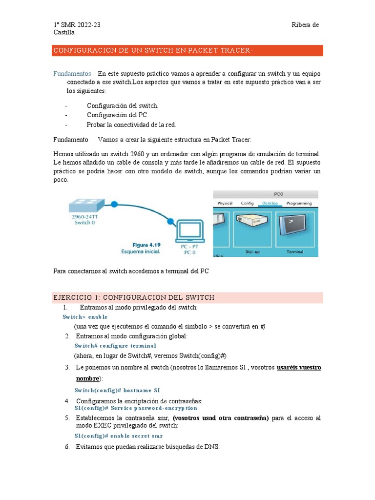 Configuración de un switch en Packet Tracer_CLI | PDF | Dirección IP | Conmutador de red