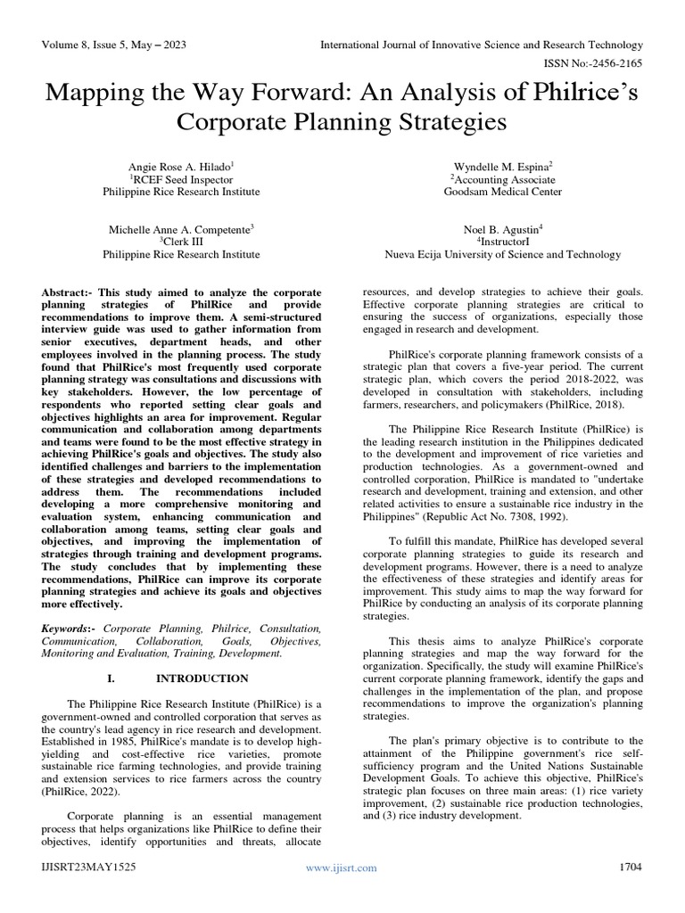 Mapping The Way Forward An Analysis of Philrice's Corporate Planning Strategies | Download Free ...