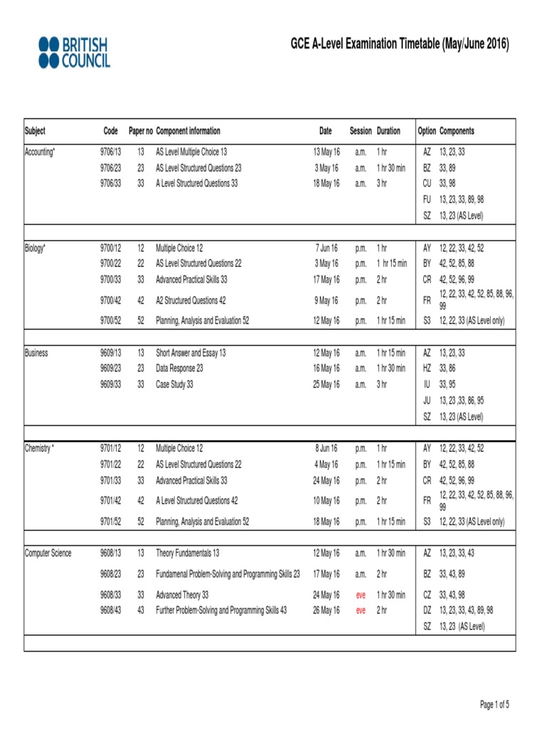 GCE A-Level Exam Timetable 2016 | PDF