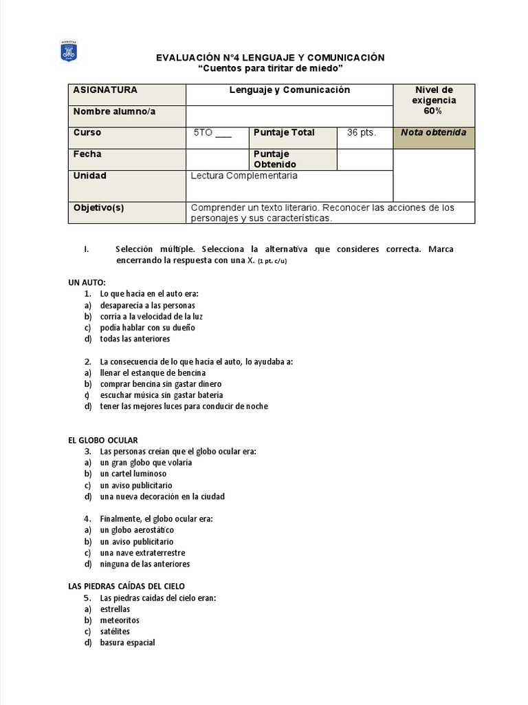 Evaluación N°4 Cuentos para Tiritar de Miedo | PDF