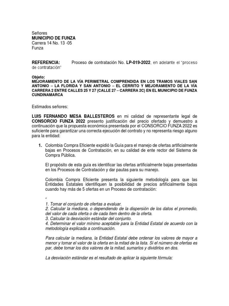 Justificacion Precio Consorcio Funza 2022 | PDF