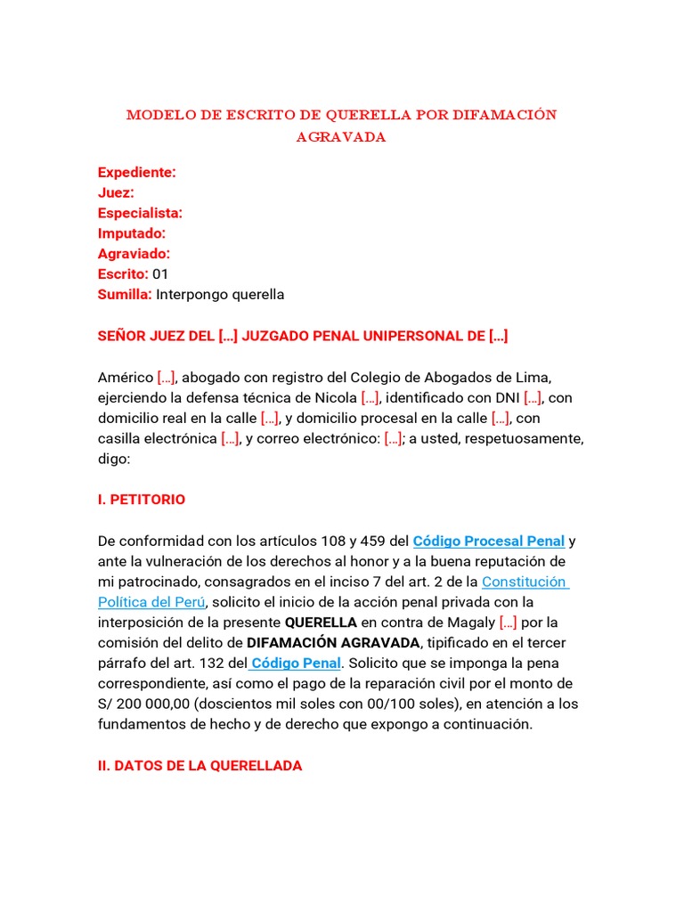 MODELO de Querella Por Difamacion | PDF | Queja | Daños y perjuicios MODELO de Querella Por Difamacion | PDF | Queja | Daños y perjuicios