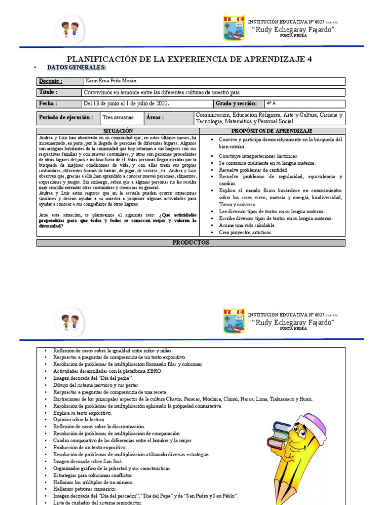 Experiencia De Aprendizaje 4 4 Grado Karin Pdf