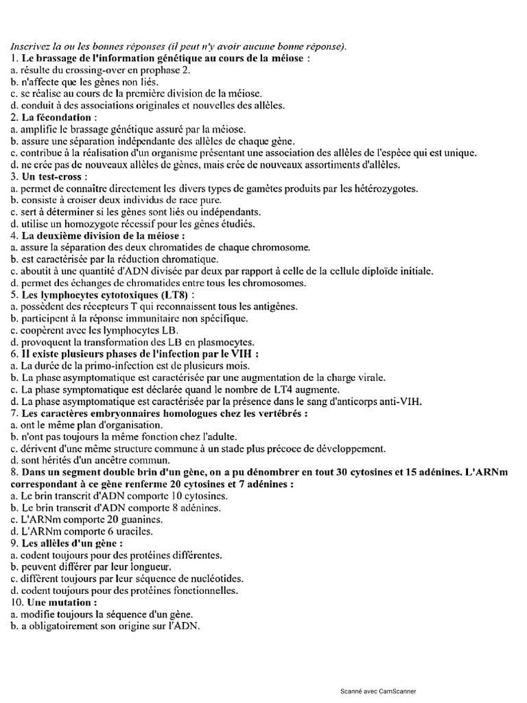 QCM SVT Prépa FMP | PDF