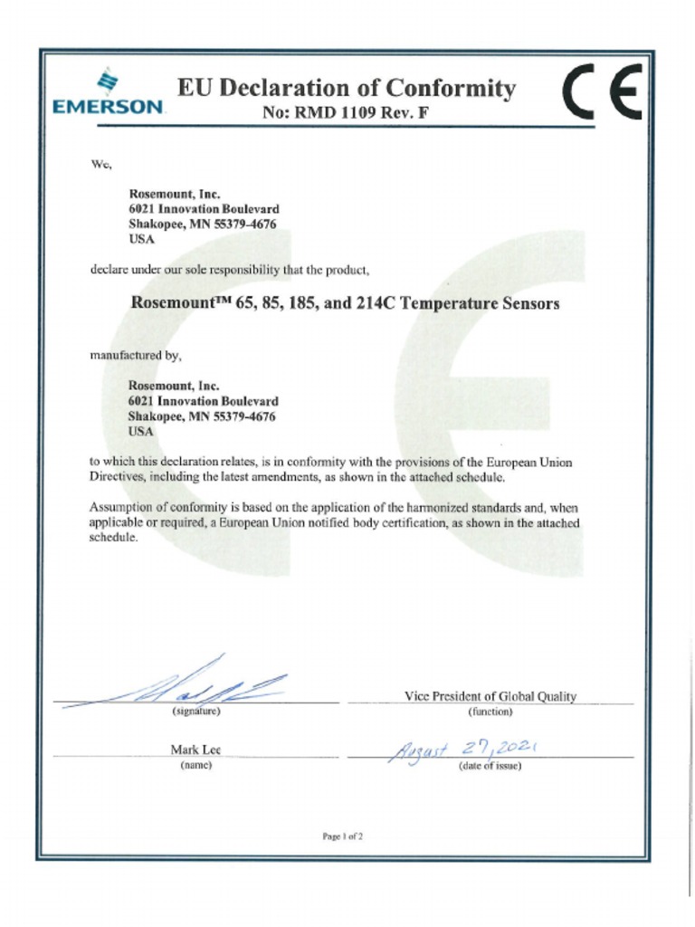 Declaration of Conformity Rosemount Model 65 85 185 214c Temperature ...