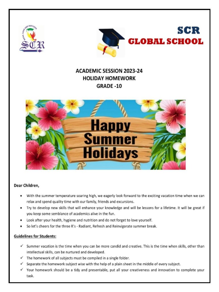 Grade 10 Holidays Homework (2023-24) | PDF