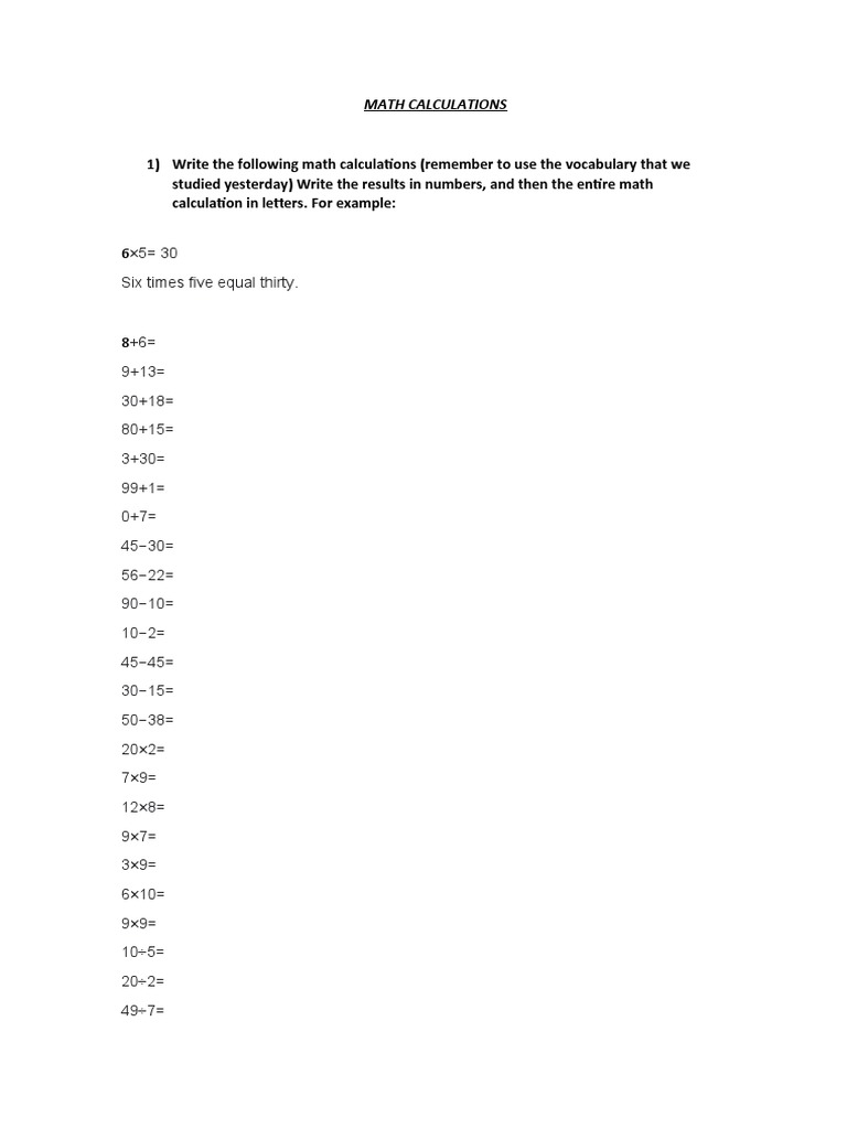 Math Calculations Exercise | PDF