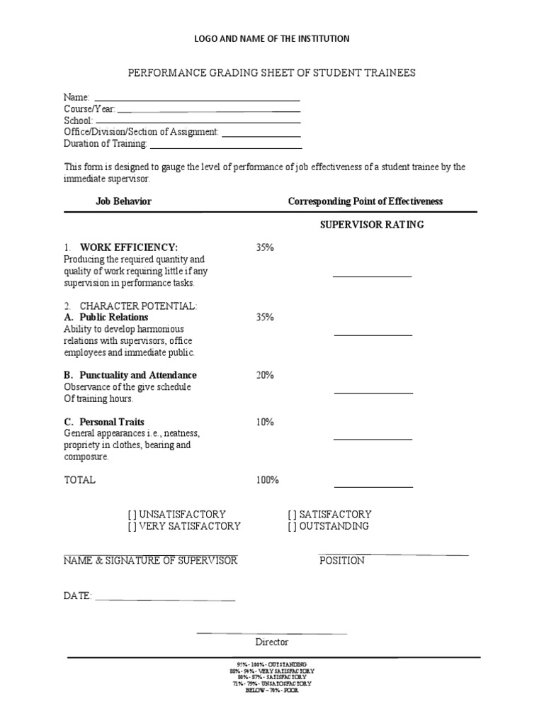PERFORMANCE GRADING SHEET Per Institution | PDF