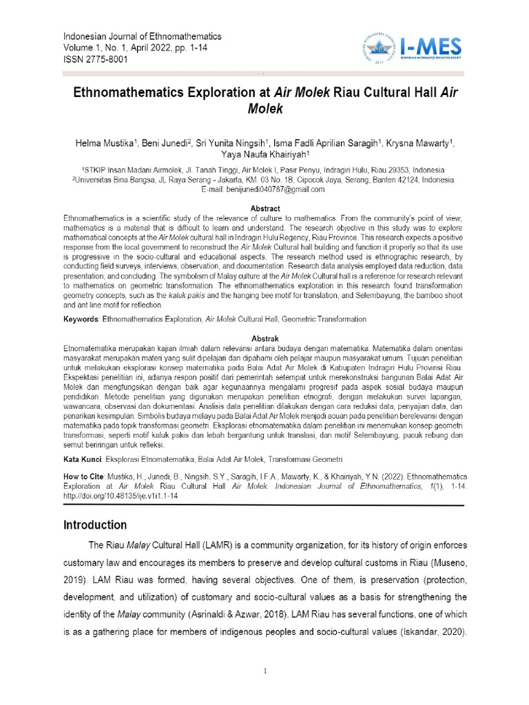 Ethnomathematics Exploration at Air Molek Riau Cultural Hall Air Molek ...