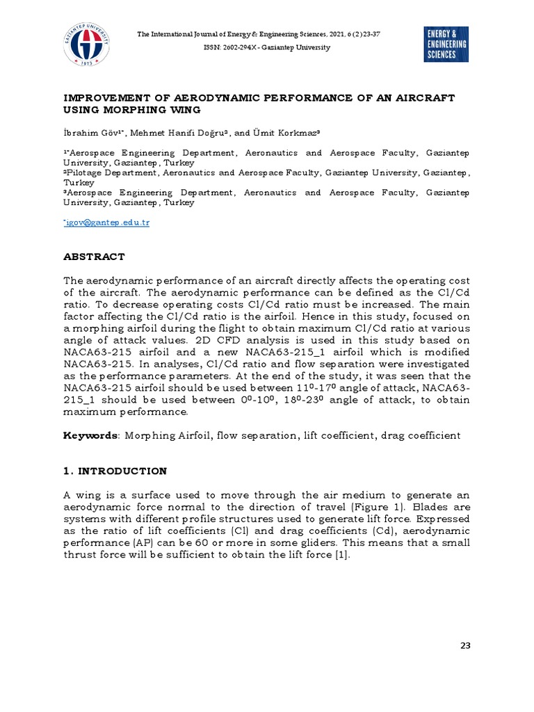 Improvement of Aerodynamic Performance of An Aircraft Using Morphing Wing | PDF | Airfoil | Lift ...