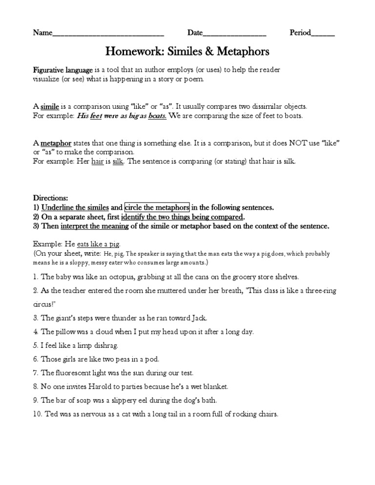 Similes Metaphors Homework | PDF | Metaphor