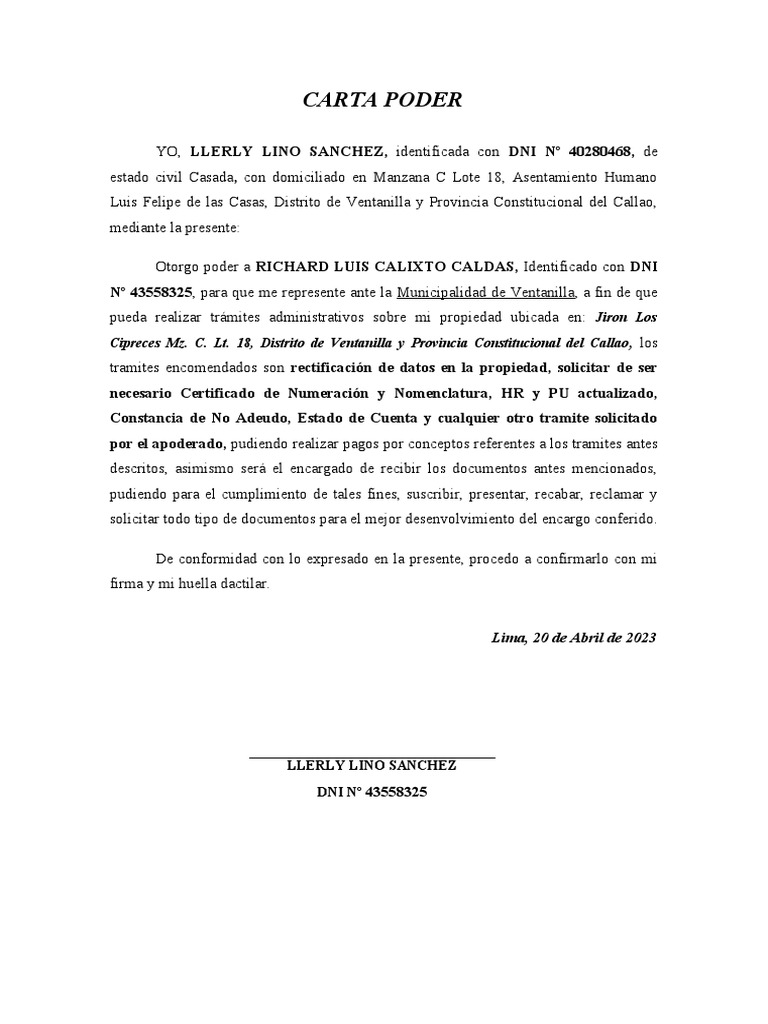 Carta Poder Tramites en Municipalidad de Ventanilla PEPE | PDF