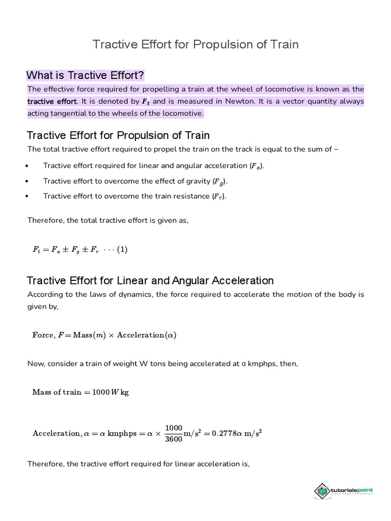 Tractive Effort For Propulsion of Train | PDF | Acceleration | Force