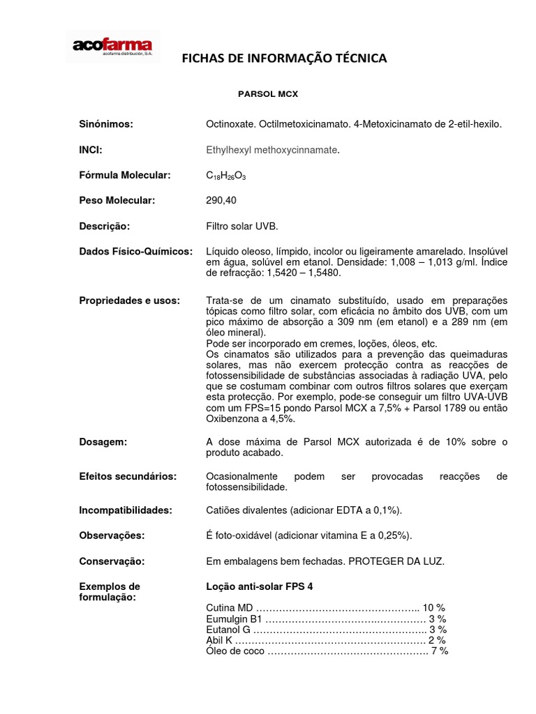 ParsoL MCX - 022302a - PT | PDF | Protetor solar | Química