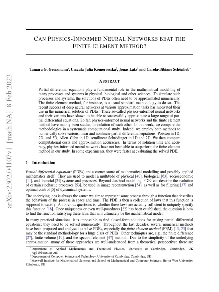 Can Physics Informaed Neural Networks Beat Finite Element Method Pdf Partial Differential