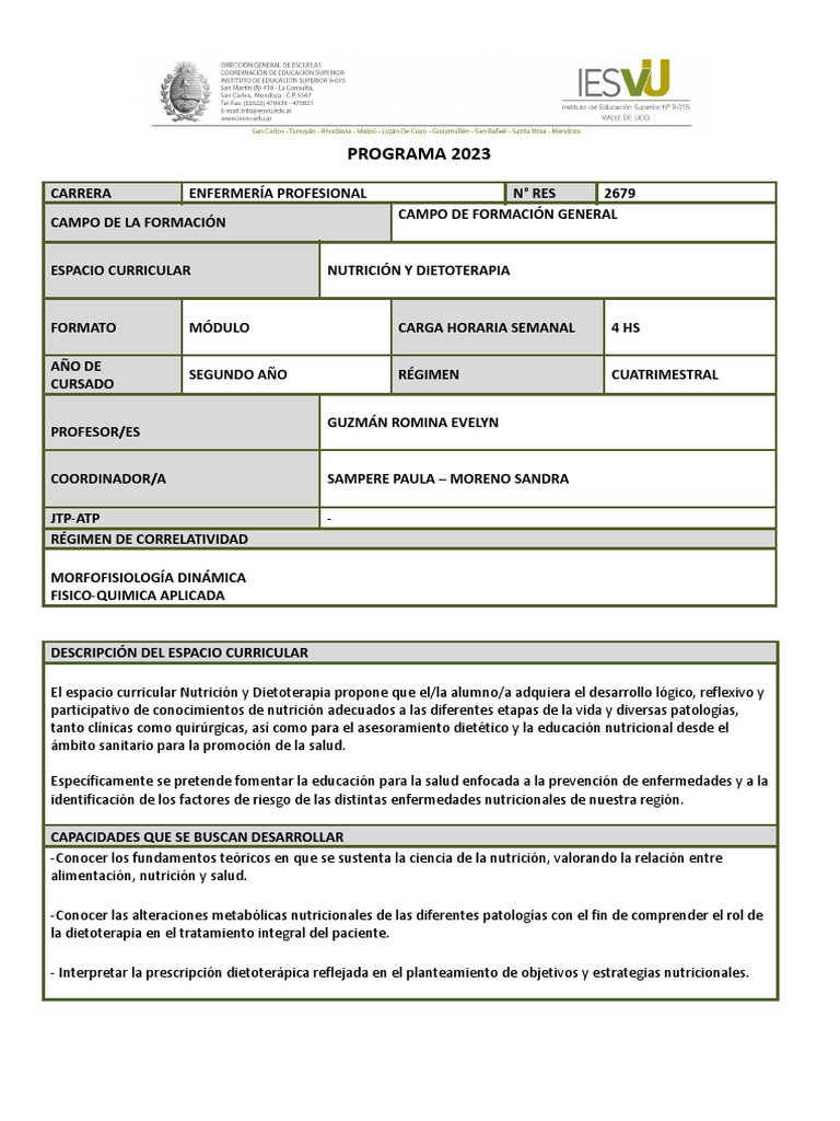 Programa 2023 Nutrición y Dietoterapia Ies | PDF