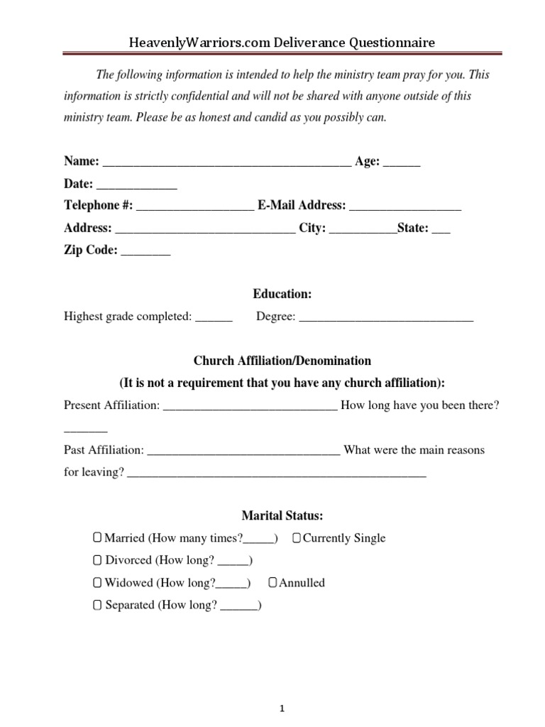 Deliverance Questionnaire for Spiritual Evaluation | PDF | Mental ...
