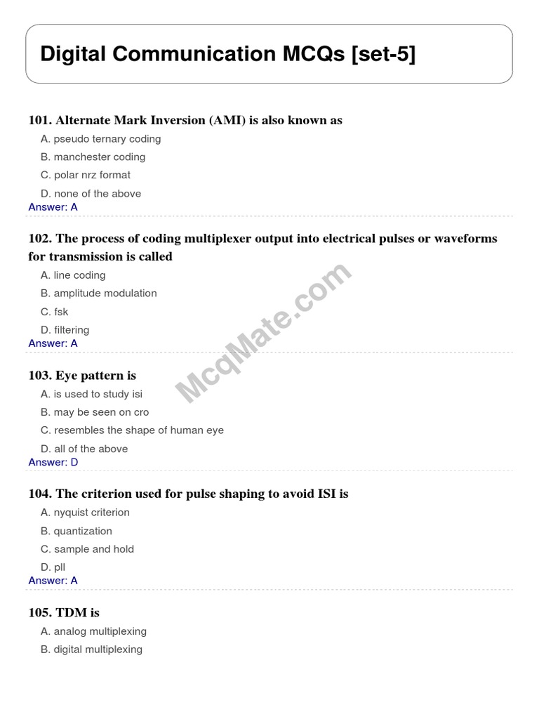 Digital Communication Solved MCQs (Set-5) | PDF Digital Communication Solved MCQs (Set-5) | PDF