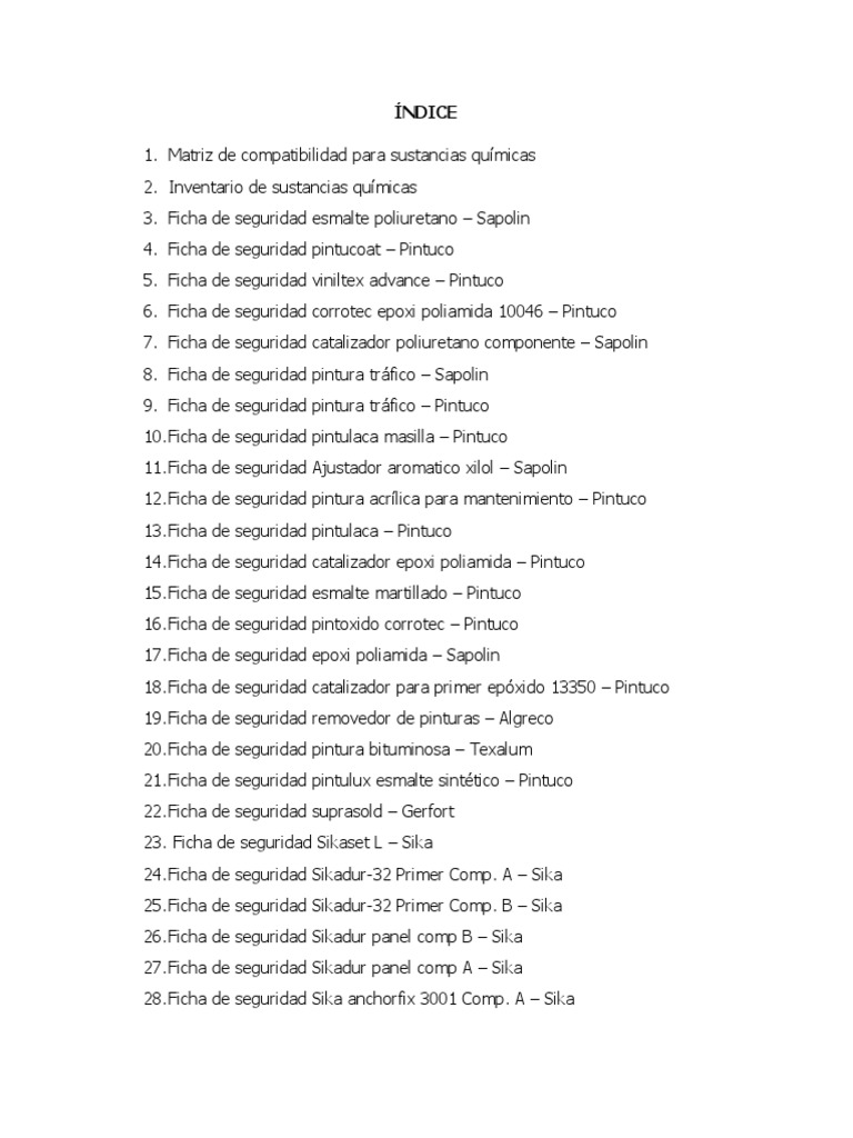 Índice Fichas de Seguridas - Productos Quimicos | PDF | Epoxy | Procesos industriales