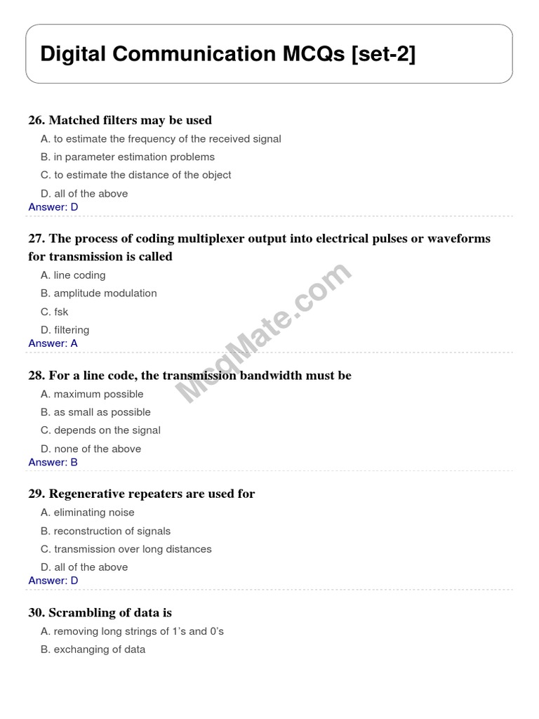 Digital Communication Solved MCQs (Set-2) | PDF | Modulation | Digital Signal