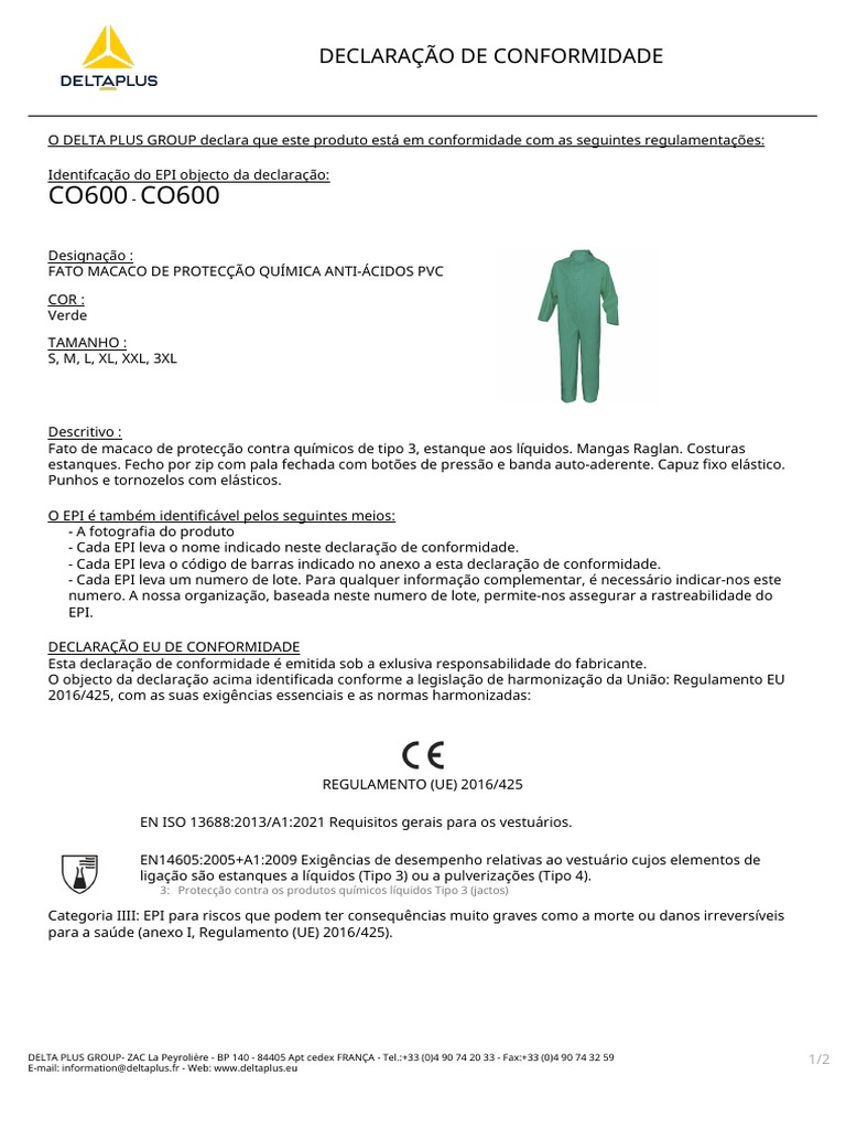 DELTA PLUS GROUP - Declaração de Conformidade CO600 | PDF
