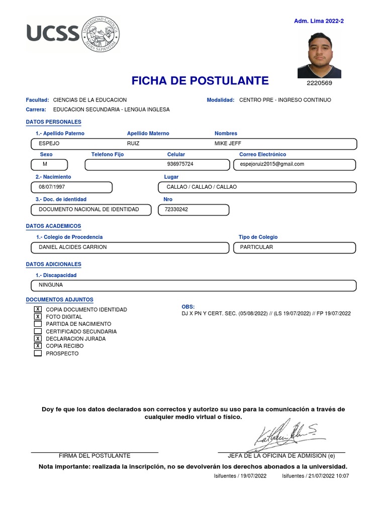 Ficha de Postulante - Espejo Ruiz Mike Jeff | PDF