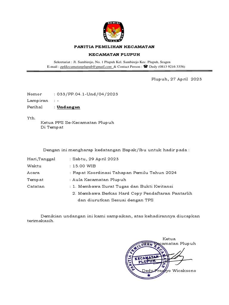 Undangan Rakor Ketua PPS Tahapan Pemilu 29 April 2023 | PDF