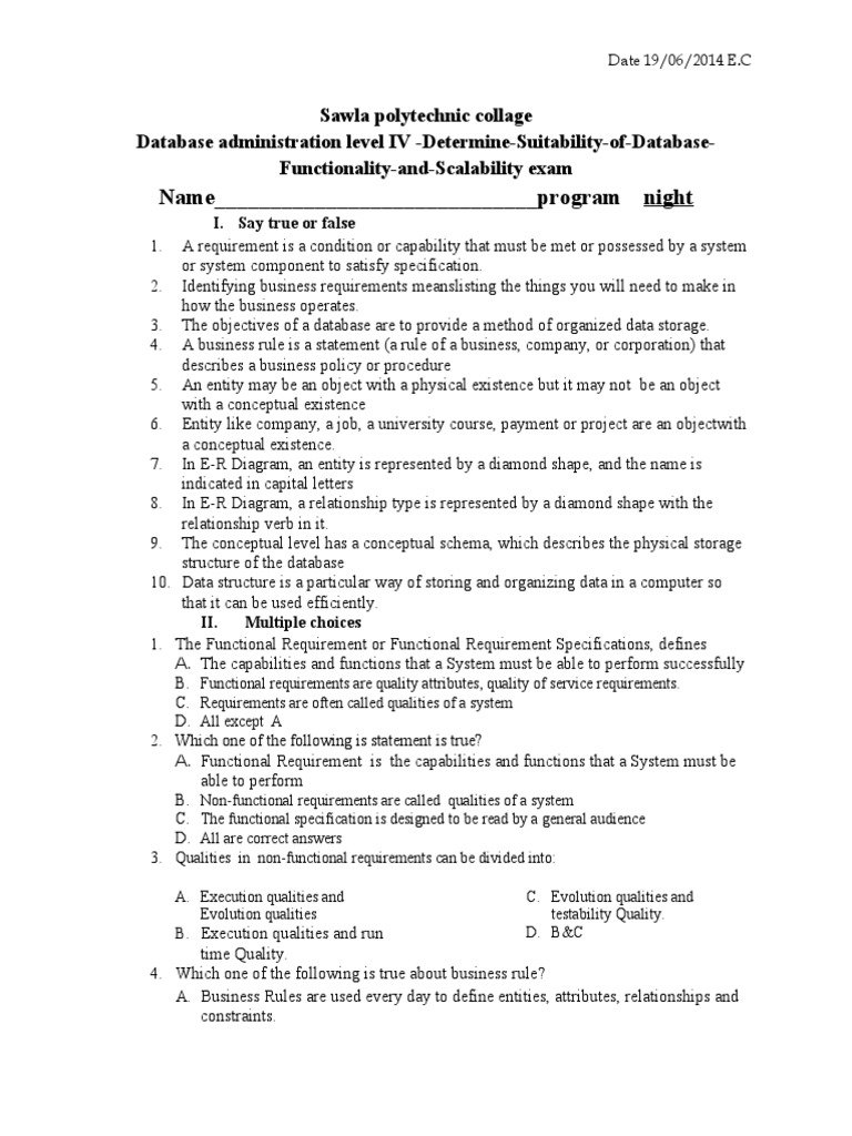 Determine Database Functionality Exam | PDF | Databases | Conceptual Model
