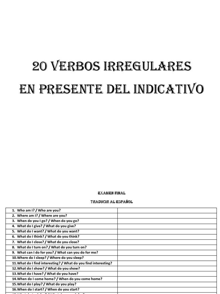 20 Verbos Irregulares en Presente Del Indicativo..pdf Versión 1 | PDF