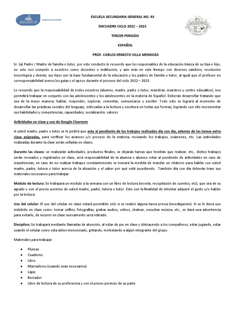 Encuadre Ciclo 2022 - 2023 Sec 93 | PDF