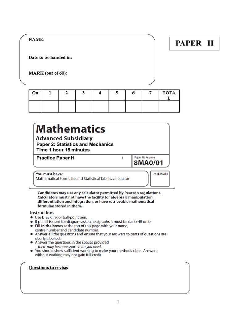 15 AS Statistics and Mechanics Practice Paper H | PDF | Teaching ...