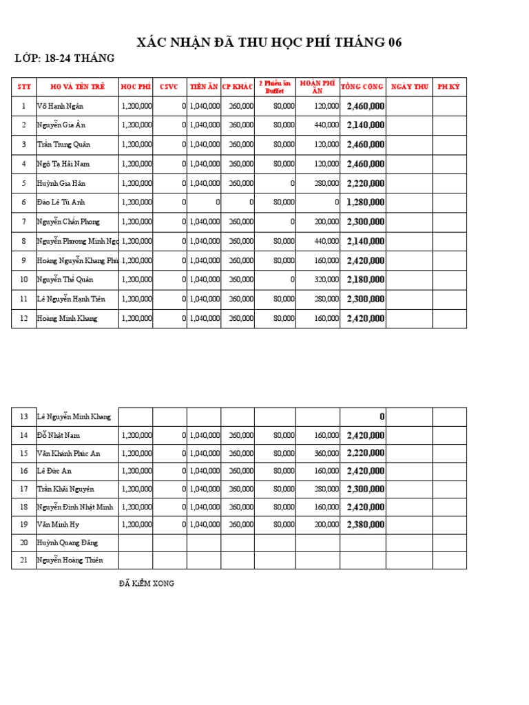 Xác Nhận Thu Học Phí Tháng 06.2022-Mức 2.5 Triệu | PDF