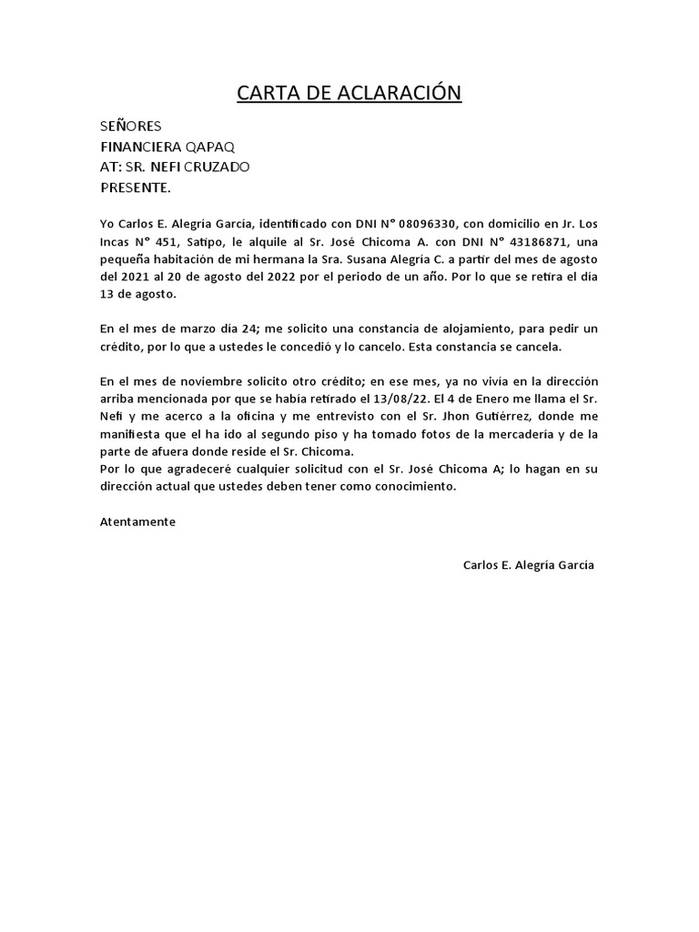 Carta de Aclaración de Alojamiento | PDF