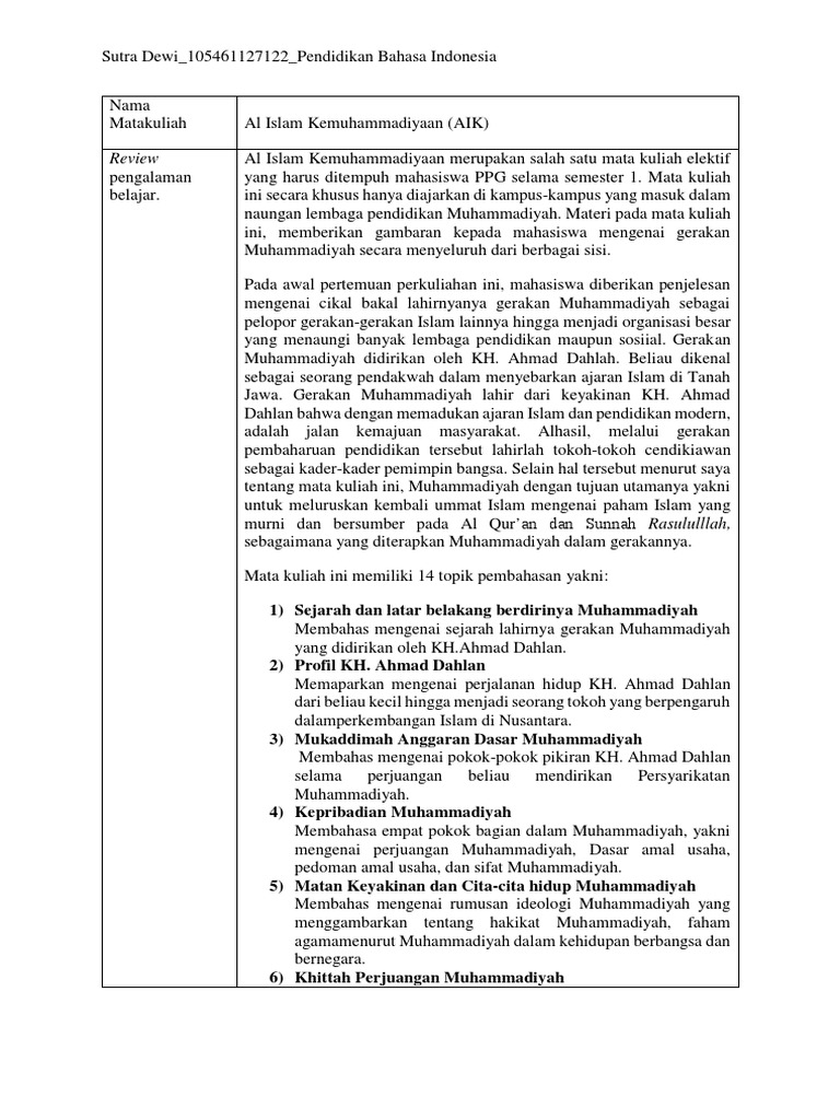 Jurnal Refleksi - Sutra Dewi - Al Islam Kemuhammadiyaan | PDF