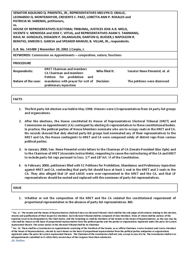 20 - G.R. No. 141489 - Pimentel vs. HRET - HRET&CA Composition | PDF