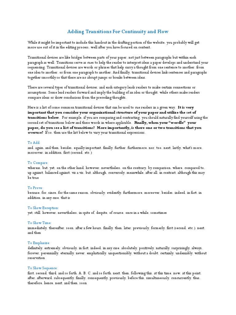 Adding Transitions For Continuity and Flow | PDF | Paragraph | Word Adding Transitions For Continuity and Flow | PDF | Paragraph | Word