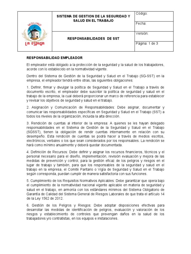 Responsabilidades de SST | Descargar gratis PDF | Derecho laboral
