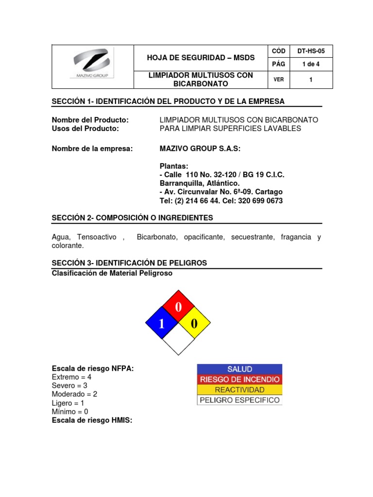 Hoja de Seguridad Limpia Pisos 1 | PDF | Agua | Química