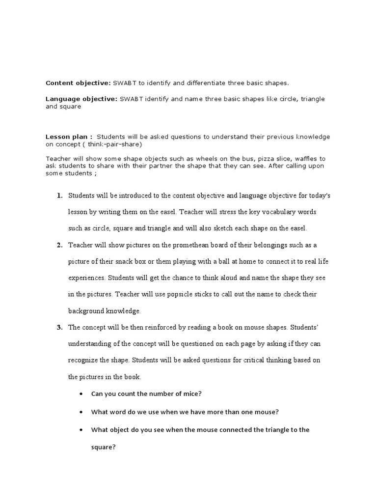 SIOP Lesson Plan - Shapes | PDF | Learning | Cognition