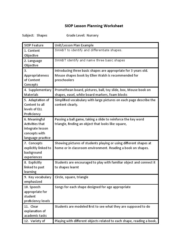 SIOP Lesson Planning Features Worksheet | PDF | Vocabulary | Behavior ...