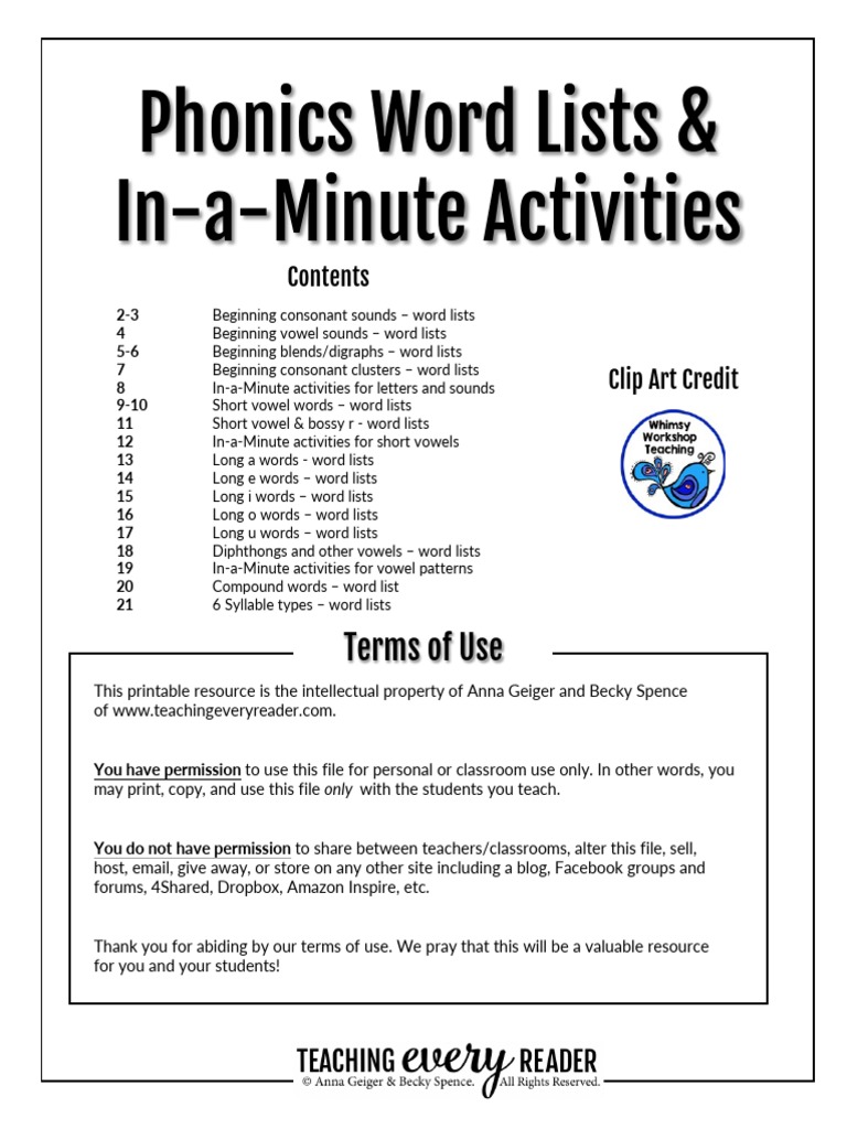 Phonics Words Lists & in-A-Minute Activities - Teaching Every Reader ...