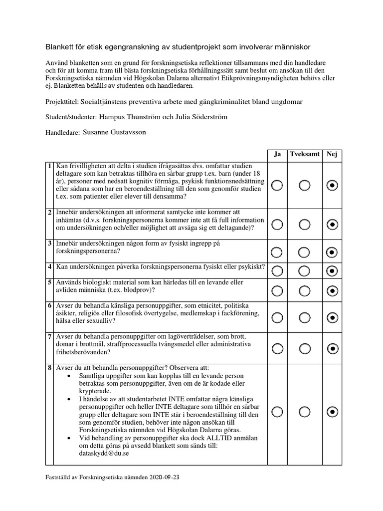 Blankett For Etisk Egengranskning Av Studentprojekt Som Involverar ...