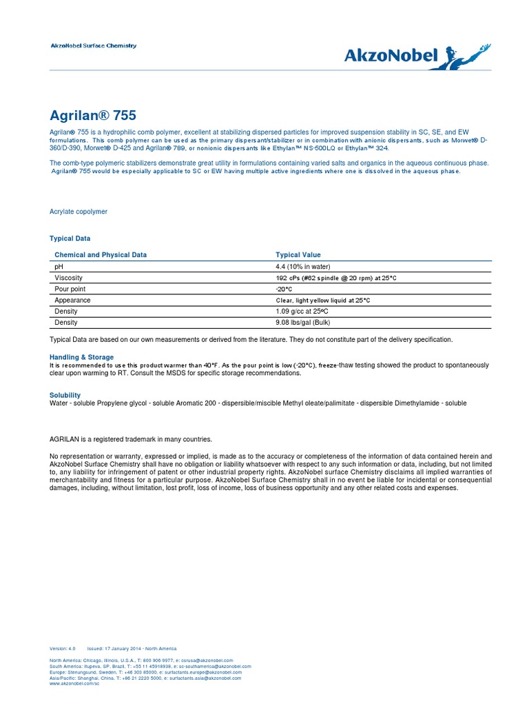 Agrilan 755 PDS | PDF | Solubility | Polymers
