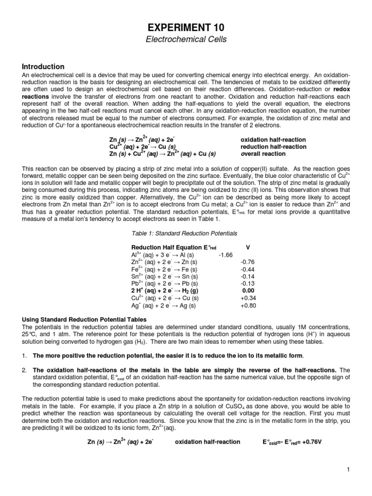 CHM 114 Exp 10 | PDF | Redox | Electrochemistry