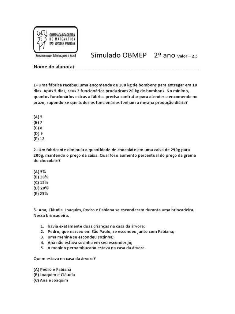 Simulado OBMEP 2º Ano | PDF