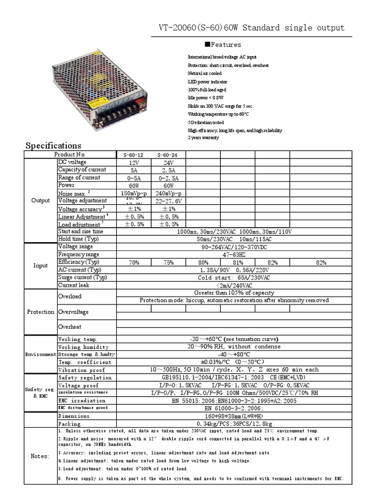 Specifications: VT-20060 (S-60) 60W Standard Single Output | PDF ...