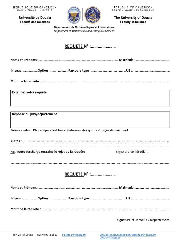 Formulaire de Requête Université Douala | PDF